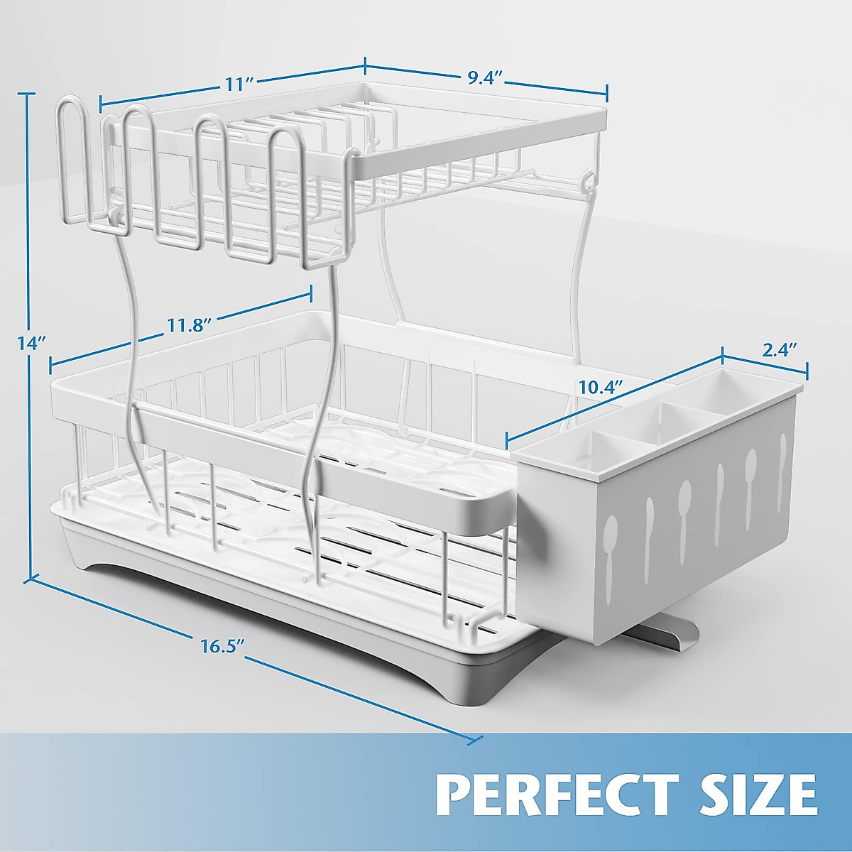 Semounva Dish Drying Rack, 2 Tier Large Capacity Dish Rack and Drainboard Set, Rustproof Dish Drainer with Cup Holder, Utensil Holder, Cutting Board Holder for Kitchen Counter