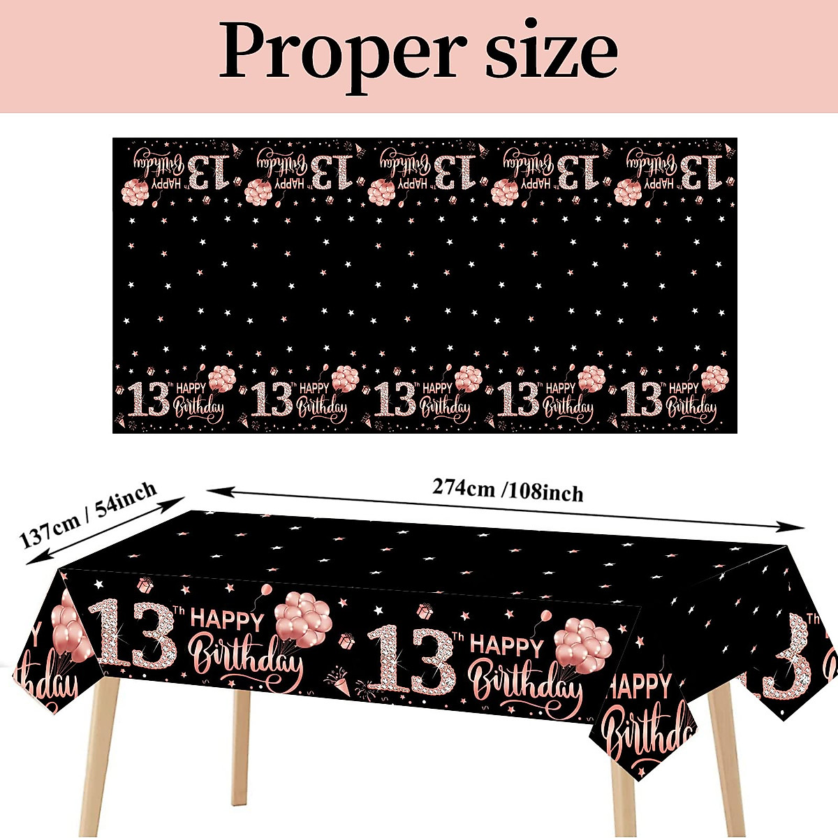 3 Pack 13th Birthday Tablecloth Decorations for Girls，Rose Gold Happy 13 Birthday Table Cover Party Supplies, 13 Years Old Birthday Plastic Disposable Rectangular Table Cloth Decor