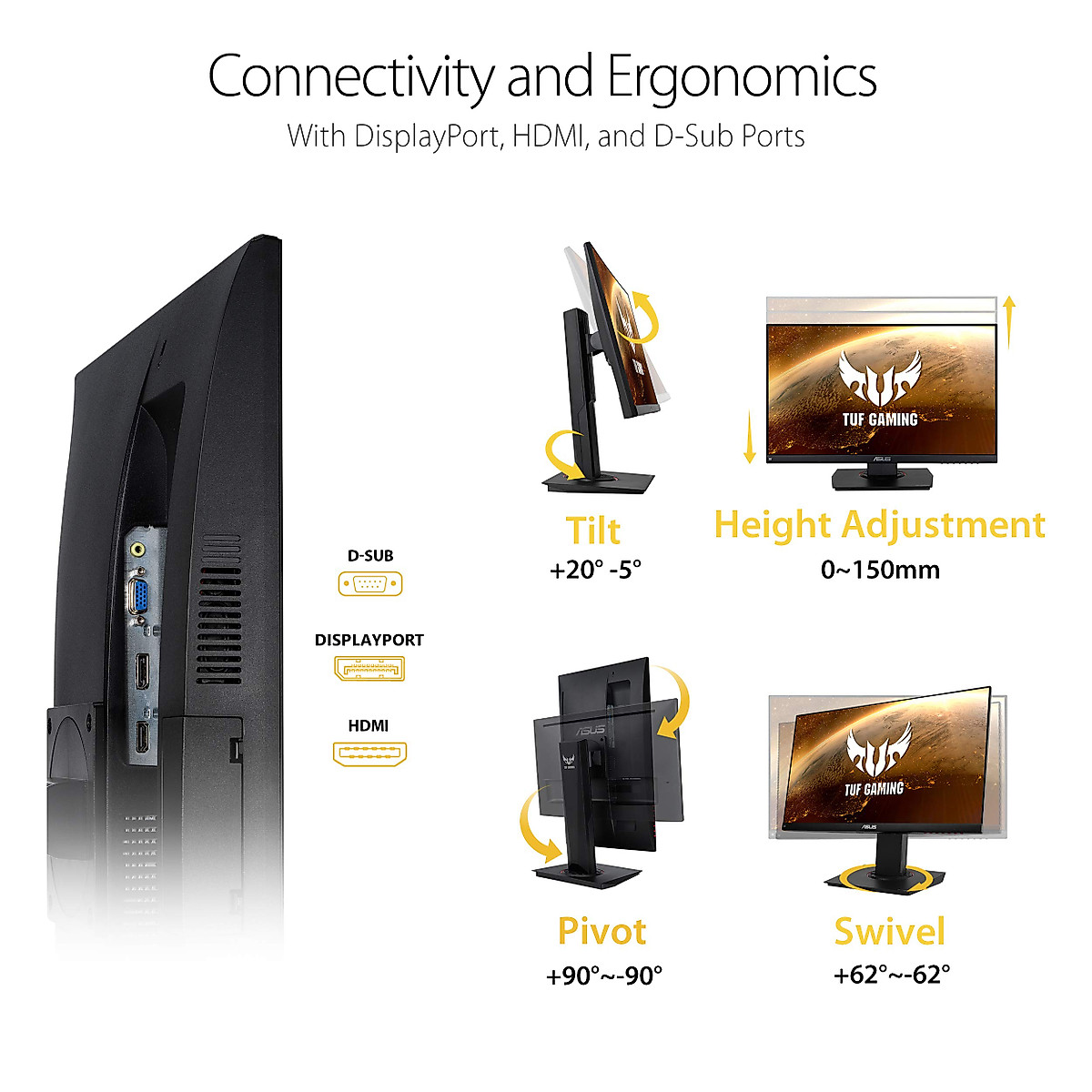 ASUS TUF Gaming VG249Q 23.8” Monitor 144Hz Full HD (1920 x 1080) 1ms IPS ELMB FreeSync Eye Care DisplayPort HDMI D-Sub,Black