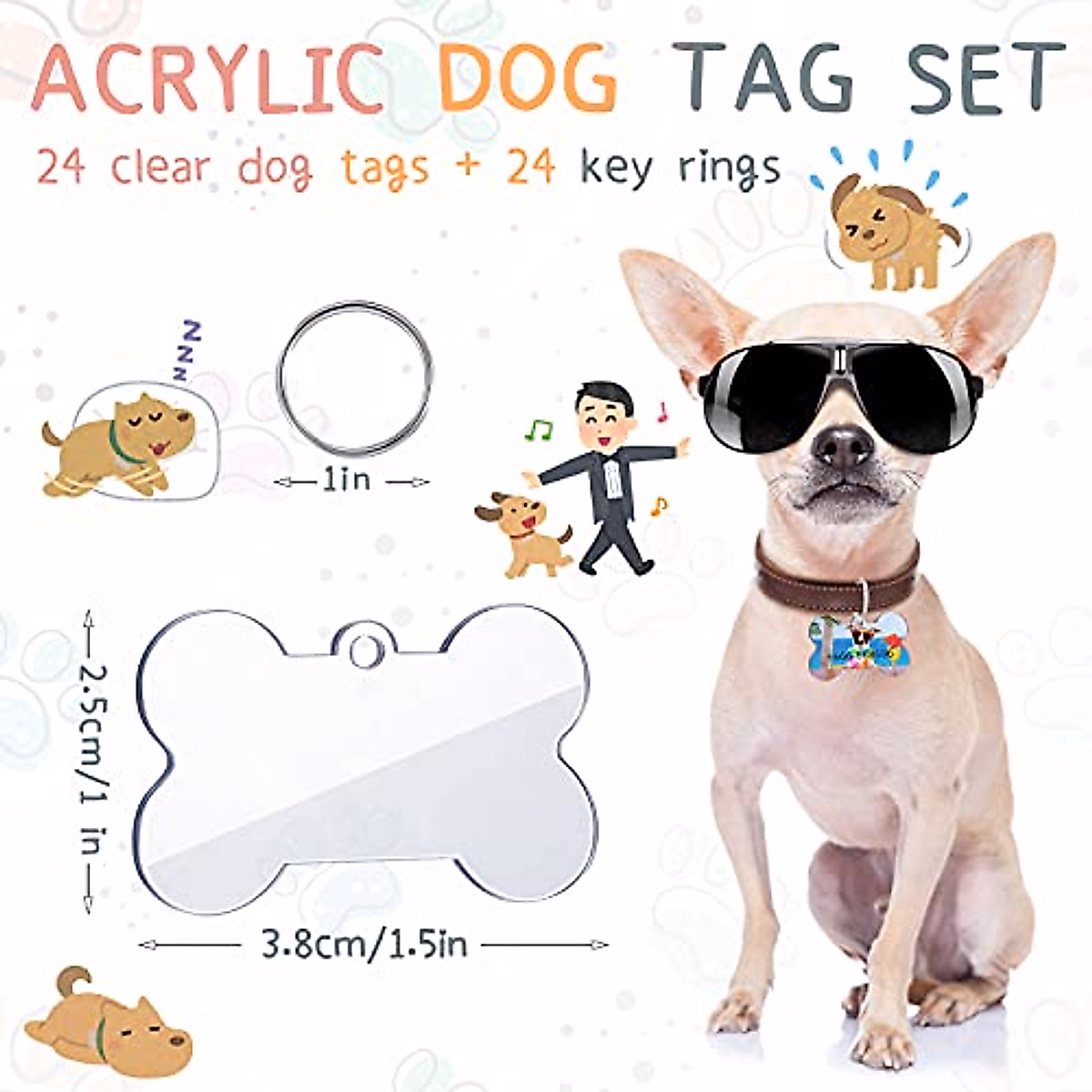 24 Pieces Blank Acrylic Dog Tag Bone-Shaped Acrylic Dog ID Tags with 24 Pieces Key Chain Rings for DIY Dogs and Cats Pet Name Number Tags Crafts Decorations, 1.49 x 1 Inch