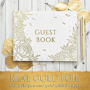 Gold Floral Wedding Guest Book, Wedding Guestbook with Pen, Guest Book Wedding Gold Hot Foil Stamping, Bridal Shower Guest Book Gold Paper Edge, Wedding Guestbook Alternative, Guestbook Wedding