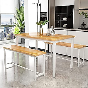 AWQM Dining Table Set for 4, Kitchen Table Set with 2 Benches, 47.2Inch 3-Piece Dining Room Table Set with Metal Frame and MDF Board, Sturdy Structure, Space-Saving, Oak