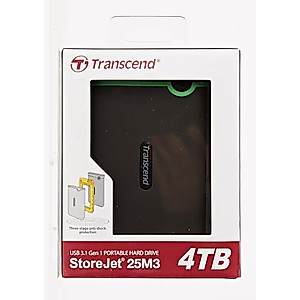 Transcend 4TB SJ25M3, USB 3.1 Portable Hard Drive Rugged, Anti-Shock Resistant, Compact and Lightweight with Lightning-Fast Speeds, One Touch Backup Button, Iron Grey - TS4TSJ25M3S