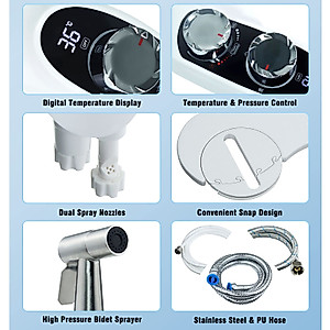2-in-1 Bidet Attachment for Toilet with Handheld Bidet Sprayer, Temperature Display Hot & Cold Water Non-Electric Frontal & Rear Wash Bidet Attachment, Self-Cleaning Dual Nozzle & Adjustable Pressure