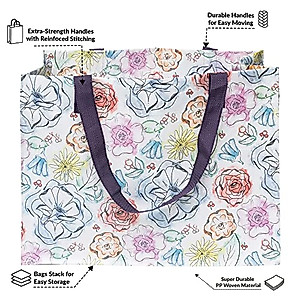 Reusable Tote Bag - 2 Pack Market Tote, Large Durable Water Resistant Fabric Bags with Handles, Cute Floral and Striped Prints for Shopping, Groceries, Market, Beach, Events, Travel - 17x9.25x13