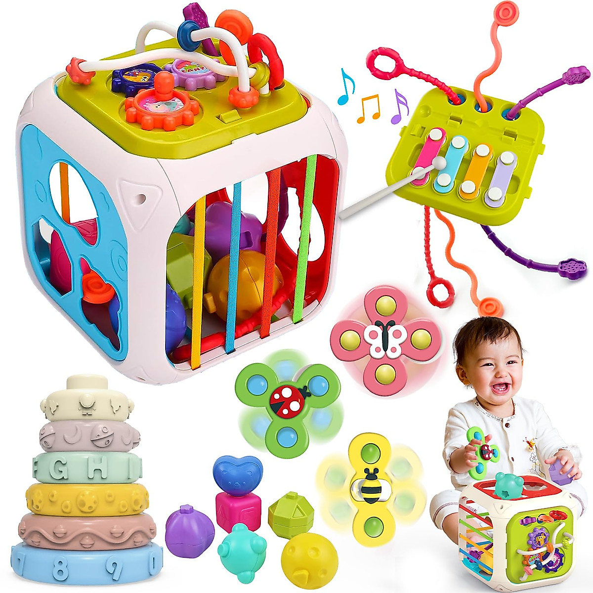 Innofans 5 in 1 Montessori Baby Toys for 3+ Year Old - Sensory Bins Toys, Travel Pull String Toy & Shape Sorter & Stacking Building Blocks & Suction Cup Spinner Toys, Birthday for Baby