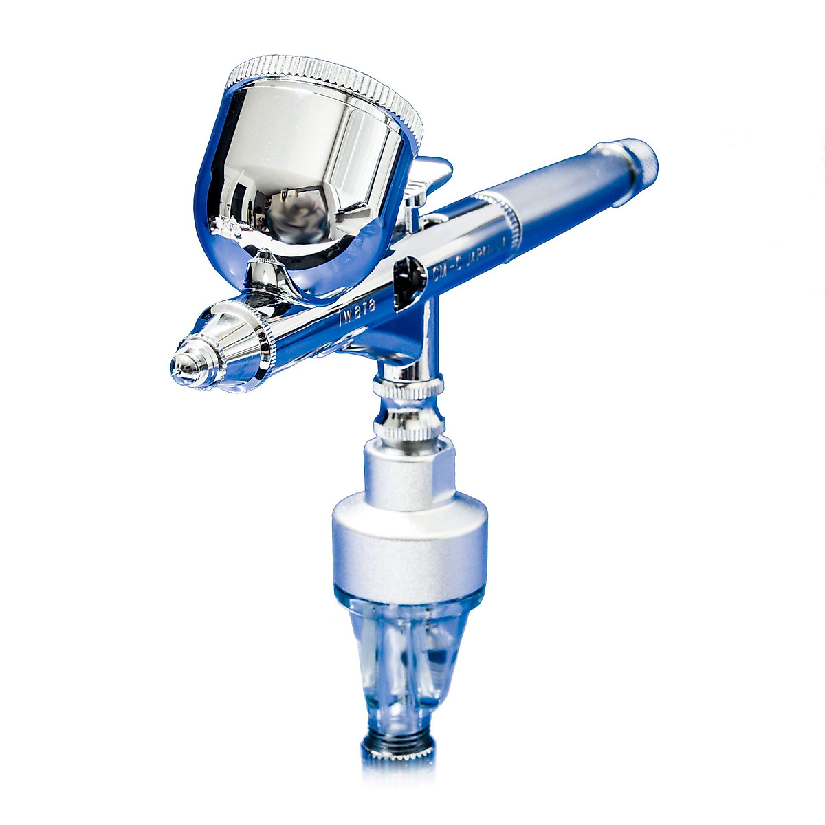 Custom Micron C Airbrush (ICM 4002) Version 2 by Iwata, Features a Square Shaped Trigger, Crown Cap Deck on End of Handle.23mm Needle and Nozzle, Silver