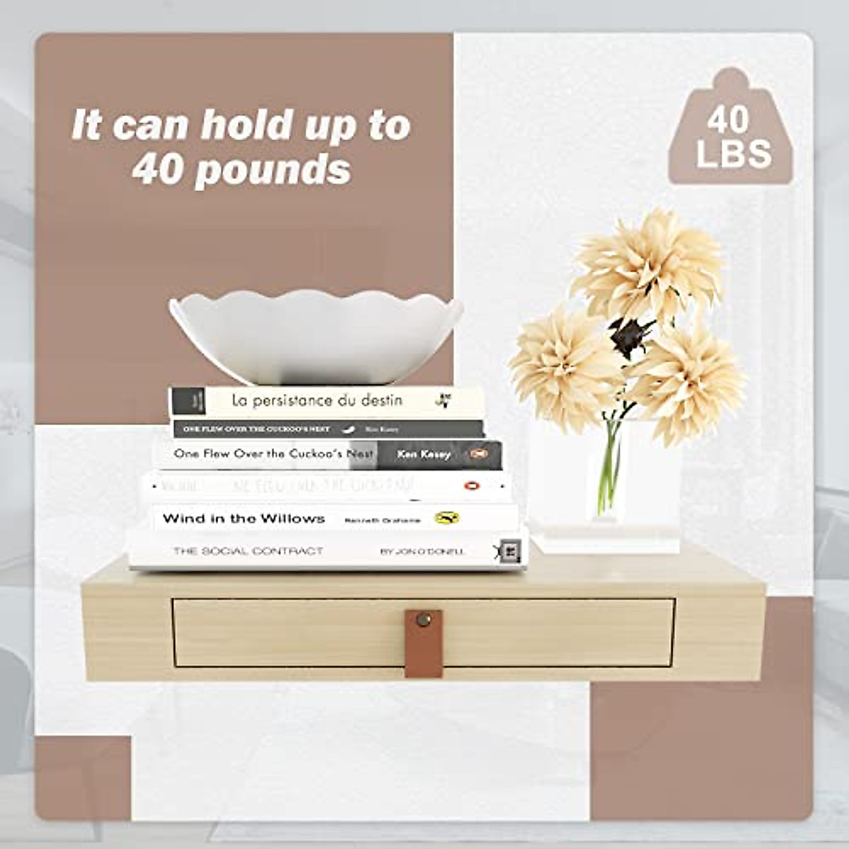 Floating Shelf with Drawer, Floating Nightstand for Bedroom - 16” Wall Mounted Shelf Storage for Living Room, Bedroom, Office Floating Bedside Table (Natural)