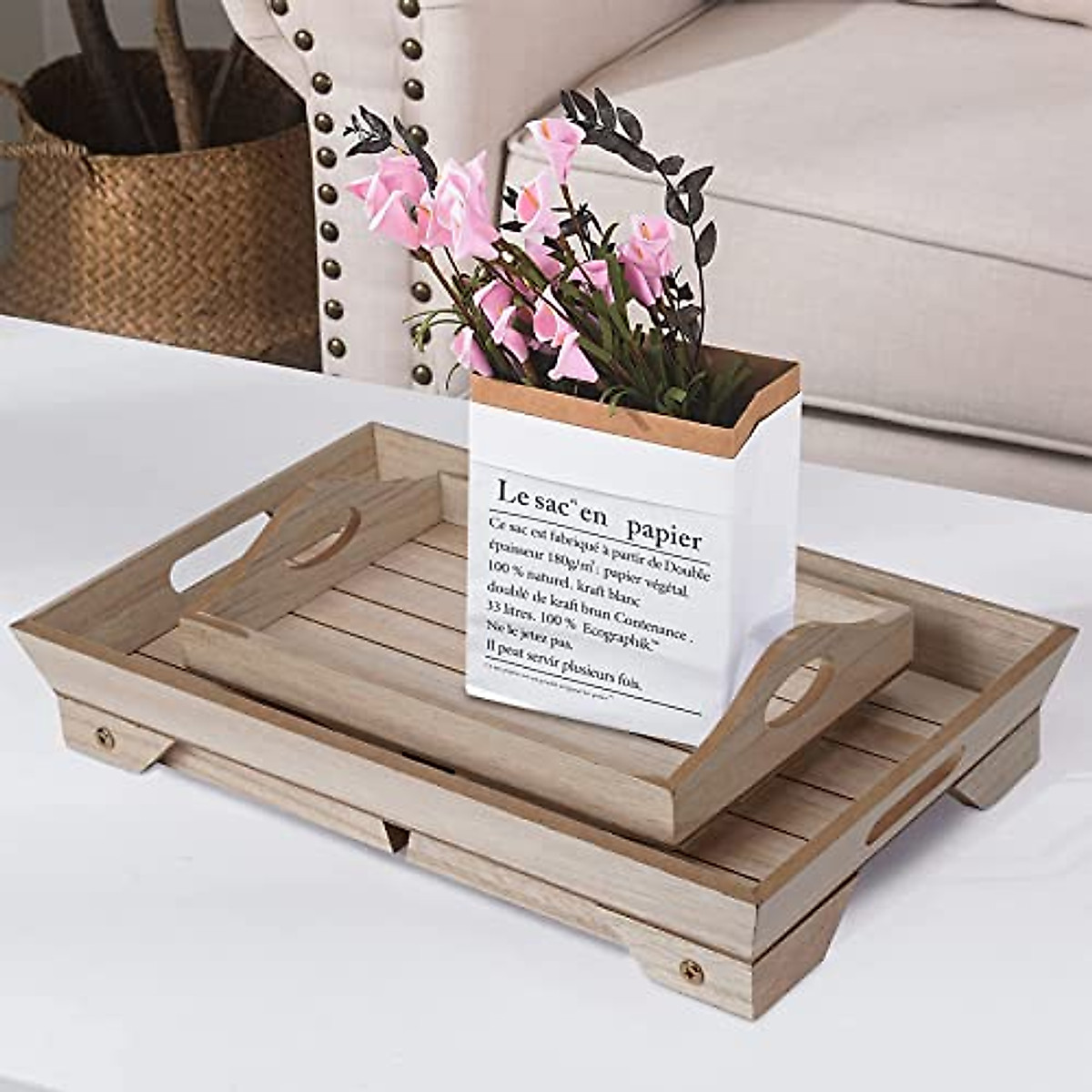 TRSPCWR 2 Pack Bed Tray Table Breakfast Trays with Foldable Legs, Wood Food Dinner Serving Tray for Bedroom, Hospital, Home, Used As Laptop Desk Snack Tray