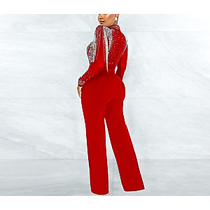 Molilove Women's Sexy Jumpsuit Elegant Long Sleeve Bodycon Sheer Mesh See Through Rhinestone Casual Loose Jumpsuits