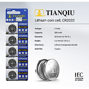 TIANQIU 2032 Battery (CR2032/ DL2032/ E-CR2032/ SB-T51/ LF1/ 2V) Lithium 3v (1 Pack of 5)