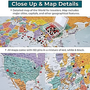 Personalized Push Pin World Travel Map with Rustic Black Frame and Pins - Blue Oceans - 27.5 inches x 39.5 inches