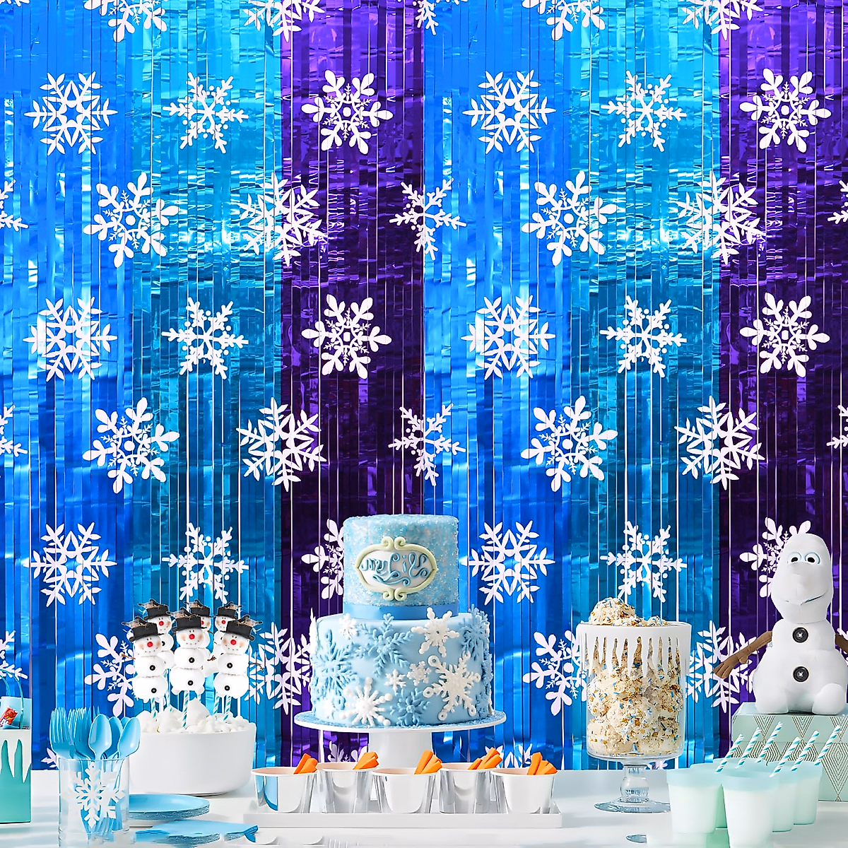 Bupelo Frozen Birthday Party Decorations, 2 Pack Frozen Birthday Party Supplies 3.3x6.6ft Tinsel Foil Fringe Curtains, Winter Photo Booth Prop Backdrop Streamer, Snowflake Birthday Party Decor