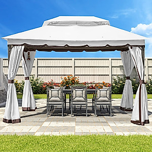 MEWAY Patio Gazebo 10x13 Gazebo with Mosquito Netting Aluminum Outdoor Gazebo Canopy with Curtains for Backyard Lawn Garden Deck, White Brown