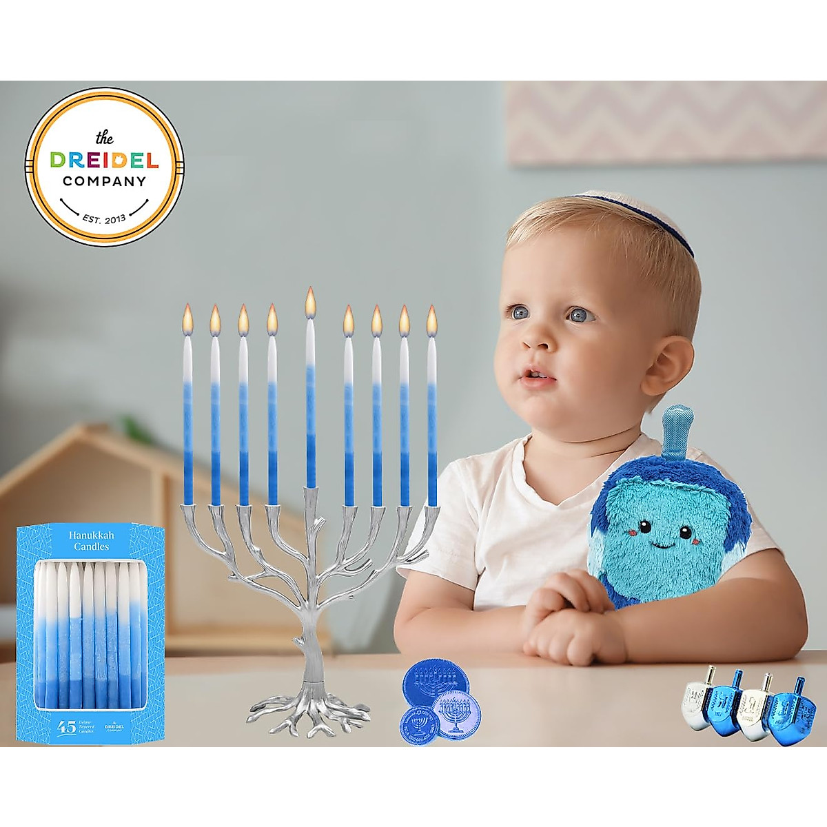 The Dreidel Company Dripless Deluxe Tapered Pastel, Blue and White Decorations, Hanukkah Menorah Candles for All 8 Nights of Chanukah (Single)