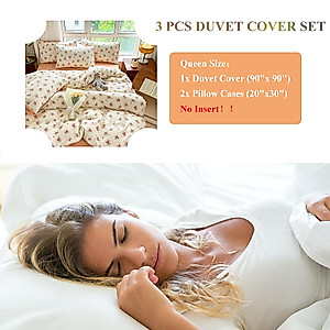 CinYana 100% Cotton Floral Duvet Cover Set 3 PCS Chic Garden Bedding Set Queen Mini Floral Duvet Cover Reversible Floral Comforter Cover Soft Breathable for All Seasons (Beige,Queen)