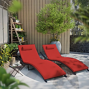 Kullavik Lounge Chair for Outside,3 Pieces Chaise Lounge Outdoor Folding Pool Lounge Chairs Including Table Rattan Patio Furniture Set,Red