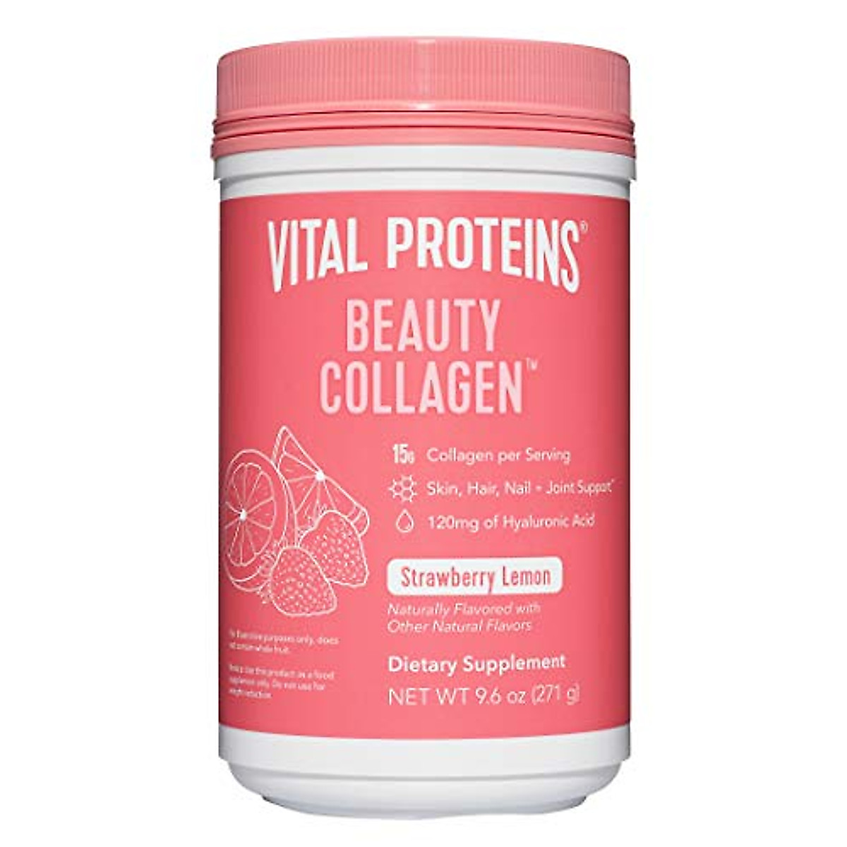 Vital Proteins Beauty Collagen Peptides Powder Supplement for Women, 120mg of Hyaluronic Acid - 15g of Collagen Per Serving - Enhance Skin Elasticity and Hydration - Strawberry Lemon - 9.6oz Canister