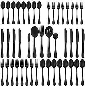 Hiware Matte Black Silverware Set with Serving Utensils for 8, Food Grade Stainless Steel Flatware Cutlery Set for Home and Restaurant, Fork Spoon Knife Set, Hand Wash Recommended