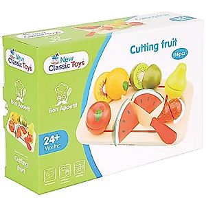 New Classic Toys Wooden Pretend Play Toy for Kids Cutting Meal Fruit 8 pieces Cooking Simulation Educational Toys and Color Perception Toy for Preschool Age Toddlers Boys Girls