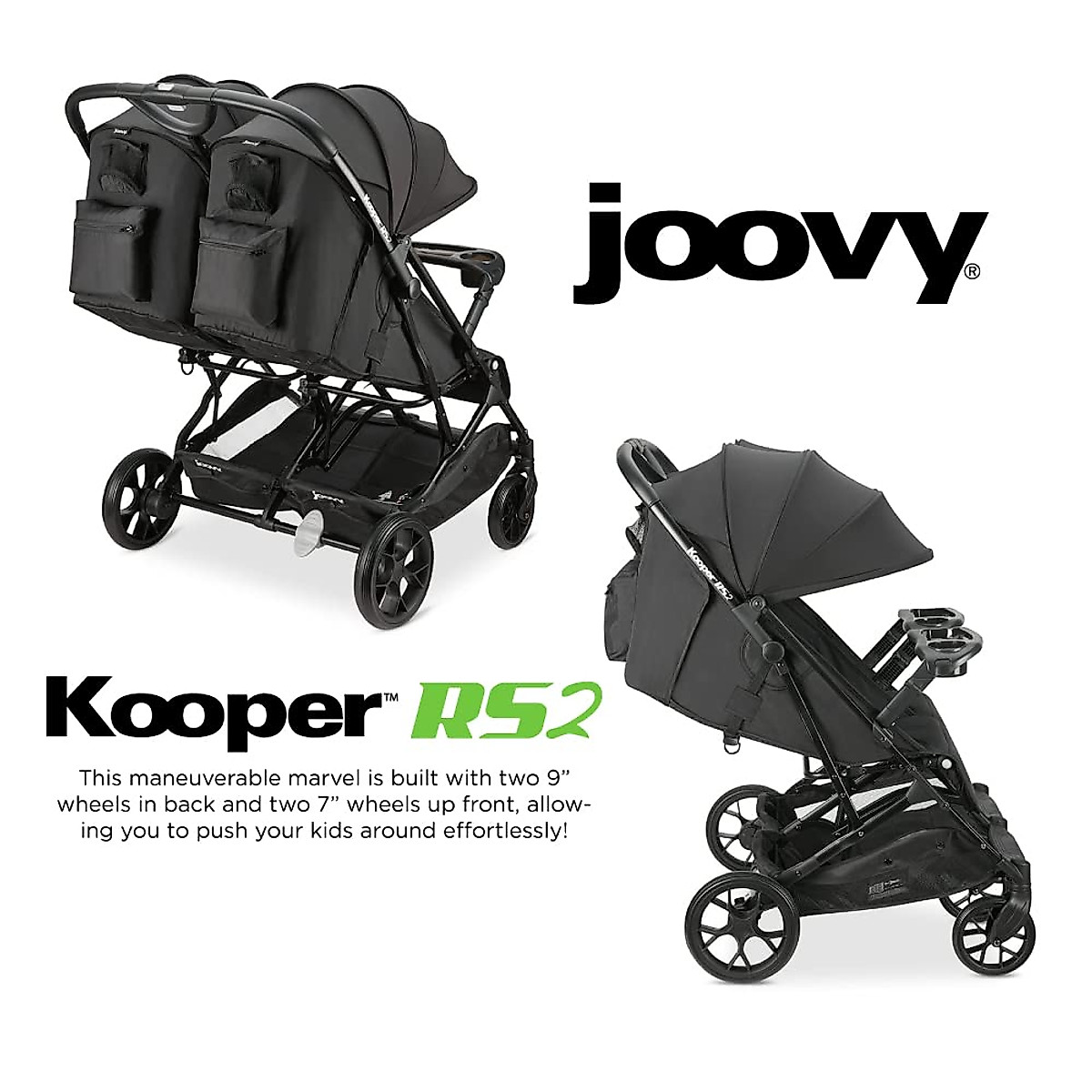 Joovy Kooper RS2 Lightweight Travel Double Stroller Featuring Dual Snack Trays, One-Handed Fold, Multi-Position Reclining Seats, Adjustable Leg Rests, and 2 Zippered Pockets for Storage