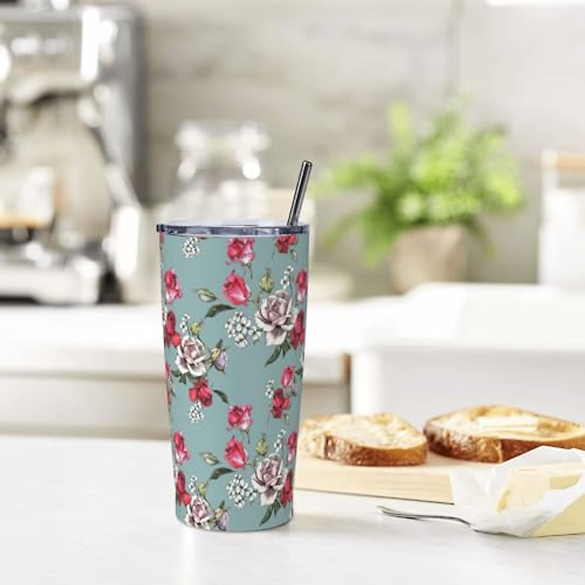 20oz Tumbler Splendid Roses Flower Double Wall Vacuum Insulated Coffee Mug with Lid and Metal Straw Brush Reusable Stainless Steel Water Bottle Travel Cup Gifts for Car Ice Drinks Hot Beverage