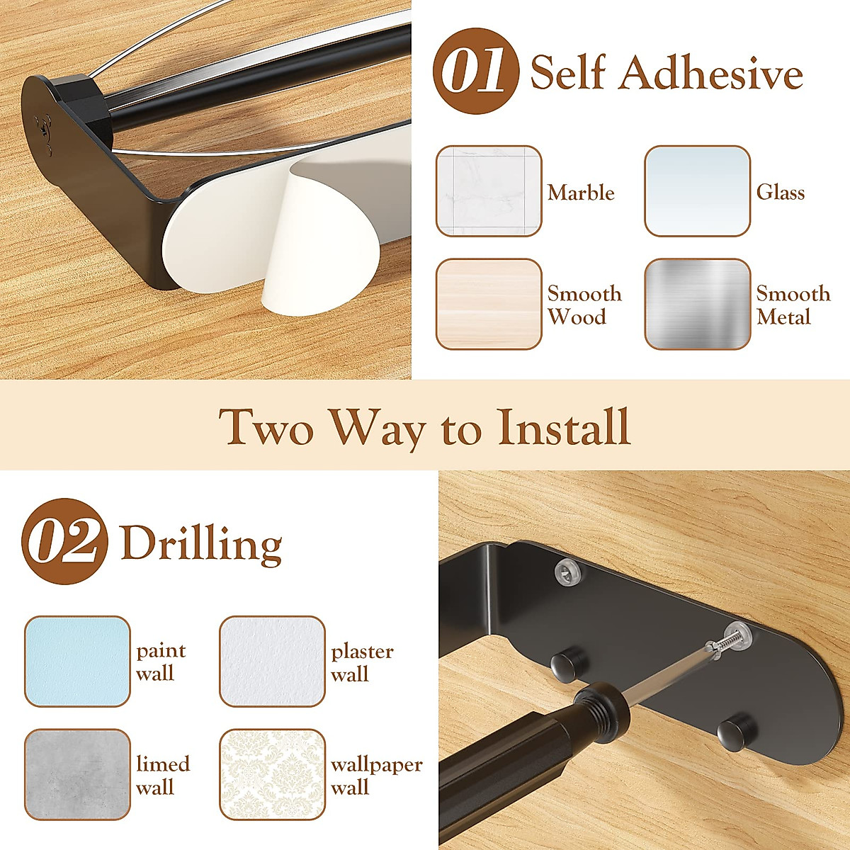 Paper Towel Holder Under Cabinet, Single Hand Operable Wall Mount Paper Towel Holder with Damping Effect, Self-Adhesive or Drilled Paper Roll Holders for Kitchen, Bathroom, RV(2 Towel Robe Hooks)