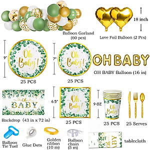 244 PCS Sage Green Baby Shower Decoration Set Includes Plates, Napkins, Cups, Cutlery, Oh Baby Backdrop Tablecloth Balloon Garland Kit for Boho Greency Neutral Party Supplies, 25 Guest