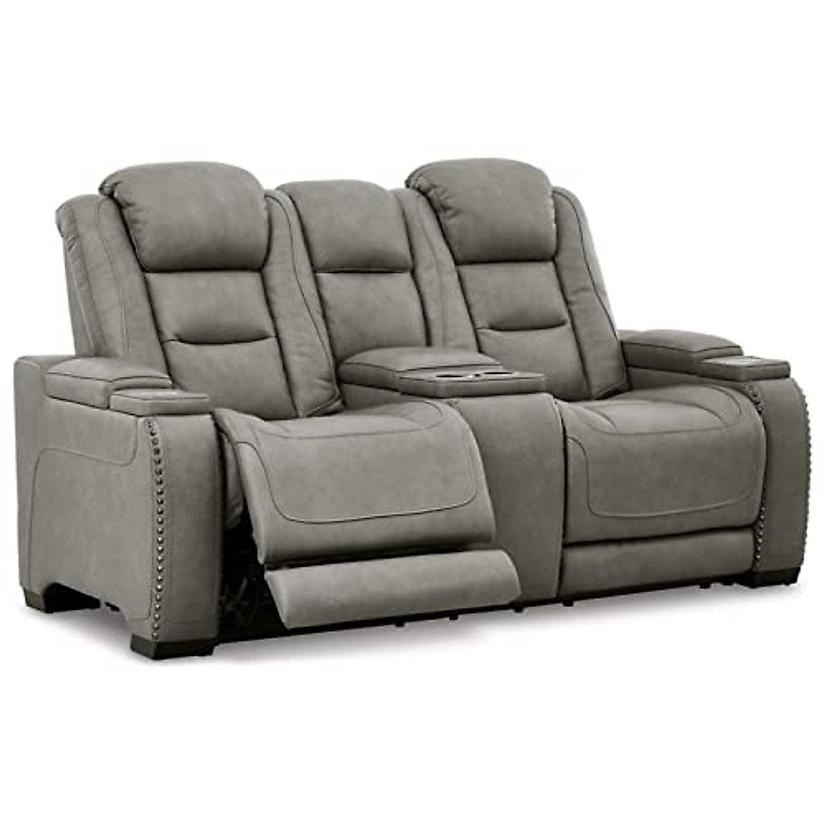 Signature Design by Ashley The Man-Den Leather Power Reclining Loveseat with Center Console, Adjustable Headrest & Wireless Charging, Gray