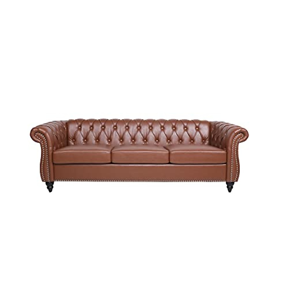 HomSof 84" Rolled Arm Chesterfield 3 Seater Sofa Mid Century Modern Couch for Small Spaces, Brown PU Leather