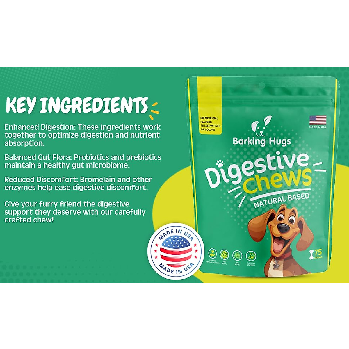 Barking Hugs Digestive Chews - Natural Probiotic & Prebiotic Enzyme Treats for Dogs - 6 Digestive Enzymes - Helps with Itching, Allergies, Gut Health, Digestion & Diarrhea