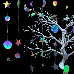 6 Pieces Iridescent Twinkle Moon Stars Circle Garland Streamer Party Decorations for Kids First Birthday Ramadan EID Mubarak Baby Shower Wedding Decor