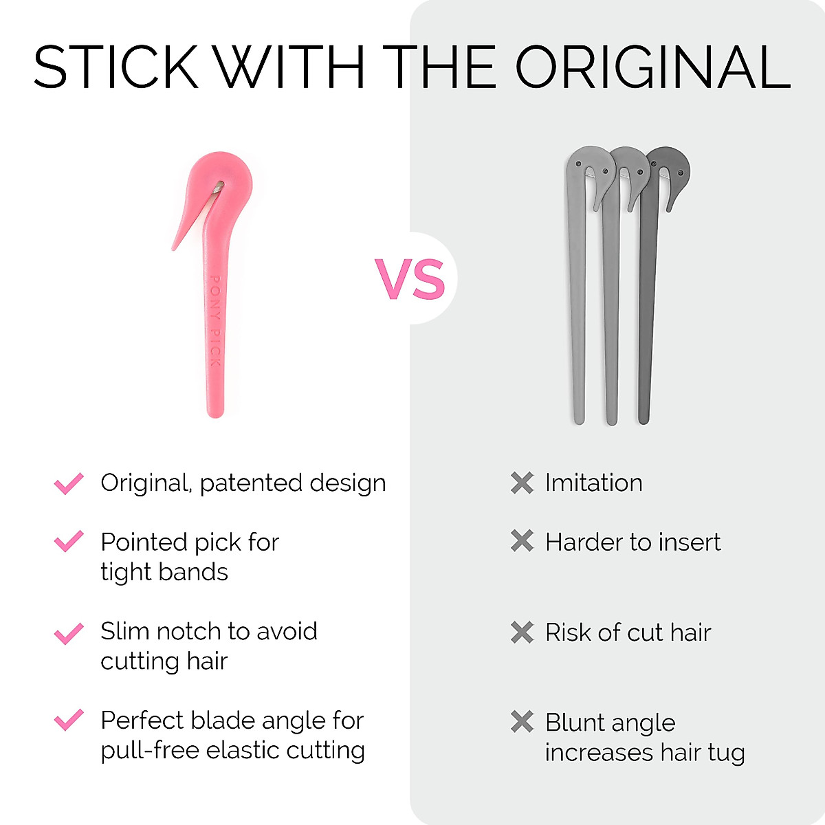 THE PONY PICK Hair Elastic Rubber Bands Cutter Tool – Easy To Use, Pain Free, No Hair Damage – Ponytail Cutter Tool for Kids & Toddlers (3 Packs of Pony Pick & 50 Clear Hair Elastics)