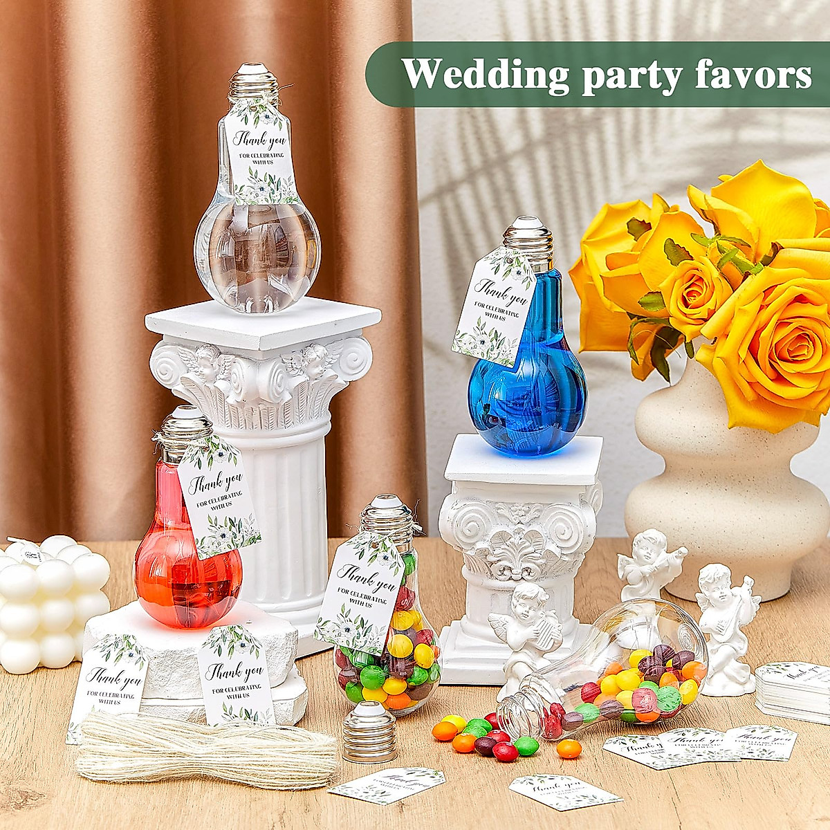 Tessco 48 Sets 100 ml Plastic Light Bulb Jars Clear Candy Containers for Party Favors with Labels and Strings Fillable Lightbulb Jar Ornaments for Wedding Party Drink DIY Crafts, Silver