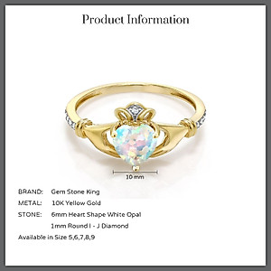 Gem Stone King 10K Yellow Gold Irish Celtic Claddagh White Simulated Opal and Diamond Accent Ring For Women (0.81 Cttw, Available in size 5, 6, 7, 8, 9)