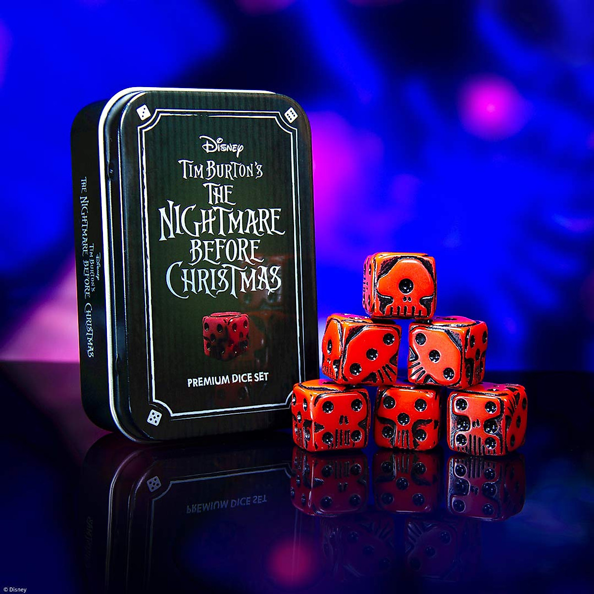 USAOPOLY Nightmare Before Christmas Premium Dice Set | Collectible d6 Dice | Red & Black Custom Dice with Collectible Tin Case | Officially Licensed Disney 6-Sided Dice (AC004-291-002000-12)