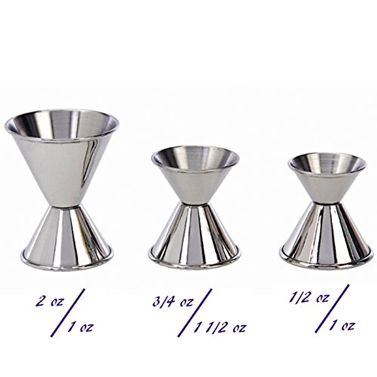 Set of 3 Stainless Steel Double Jiggers 1 & 2 oz, 3/4 & 1 1/2 oz, 1/2 & 1 Oz Bar Jiggers, Cocktail Measuring Liquor Jiggers Pony, Bar Accessories