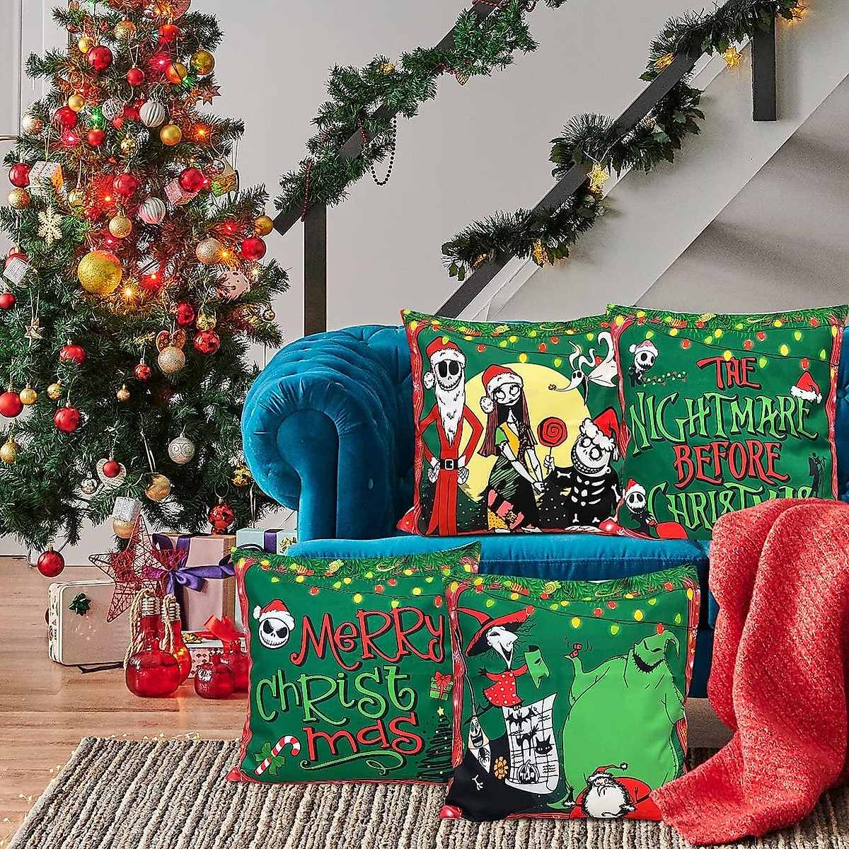 Generic Nightmare Before Christmas Pillow Covers, 4pcs Jack and Sally Holiday Winter Throw Pillow Covers 18x18 Merry Christmas Couch Sofa Christmas Decorations Holiday Pillow Cases, Green, ER123