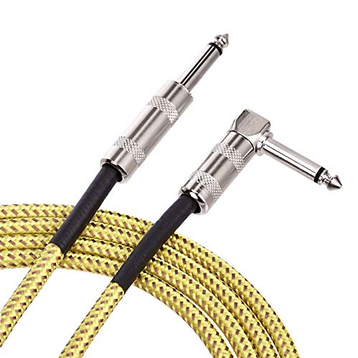 Amazon Basics TS 1/4 Inch Tweed Cloth Jacket Right-Angle Instrument Cable for Electric Guitar, 10 Foot, Yellow & Brown