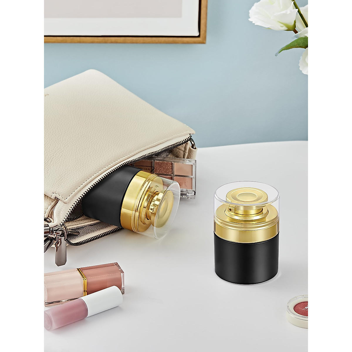 PARAKE Airless Pump Jars, 4-Pack 1.7 Oz Empty Moisturizer Pump Dispensers, Refillable LeakProof Vacuum Cosmetic Containers, Travel Airless Pump Bottles for Cream Lotion Skincare Toiletries (Black)