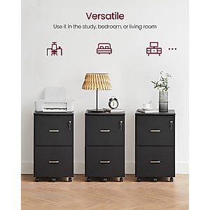 VASAGLE 2-Drawer File Cabinet, Locking Wood Filing Cabinet for Home Office, Small Rolling File Cabinet, Printer Stand, for A4, Letter-Size Files, Hanging File Folders, Modern, Black ULCD027T16V2