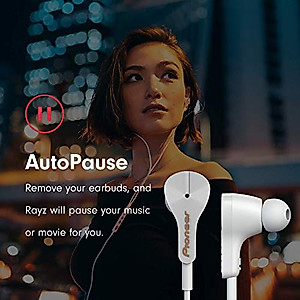 RAYZ Pioneer Original Active Noise Cancelling Earbuds Wired with Mic, Auto-Pause, Hands-Free Hey Siri, Lightning Cable Earphones Compatible with iPhone, iPad and iPod. MFI Certified (Ice White)