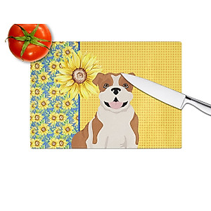 Caroline's Treasures WDK5415LCB Summer Sunflowers Red English Bulldog Glass Cutting Board Large Decorative Tempered Glass Kitchen Cutting and Serving Board Large Size Chopping Board