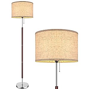 Modern Floor Lamp for Bedroom - Stand Up Reading Lamps for Living Room, Contemporary Office Lighting with Beige Drum Fabric Shade, Farmhouse Pole Lamp, Corner Tall Standing Lamp Kids-Pull Chain