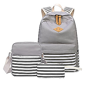 Abshoo Causal Canvas Stripe Backpack Cute Lightweight Teen Backpacks For Girls School Bag Set (Grey Set)