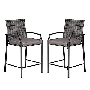 JOIVI Outdoor Wicker Bar Stools Set of 2, Patio Rattan Counter Height Chairs with Cushions, Armrest and Footrest for Indoor, Garden, Poolside, Lawn, Backyard