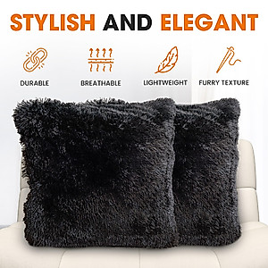 Cheer Collection Throw Pillows for Couch and Bed, Soft Shaggy Throw Pillows with Inserts Included, Cozy Long Hair Faux Fur Pillows - Set of 2-18" x 18" - Black