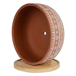 Thirtypot 8 Inch Terracotta Succulent Planter Pot with Drainage Hole and Bamboo Tray, Round Shallow Bonsai Pot for Indoor Plants