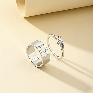 Matching Hollow Dinosaur Couple Open Rings Set,4Pcs Animal Dinosaur Knuckle Stackable Finger Rings Band Sets for Him Her Wedding Jewelry (Silver Black 4pcs)