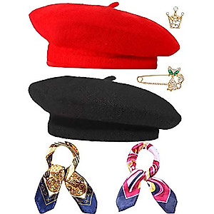 6 Pieces Wool Beret Hat Solid Color French Beanie Hat with Silky Scarf Brooch (Black and Beige)